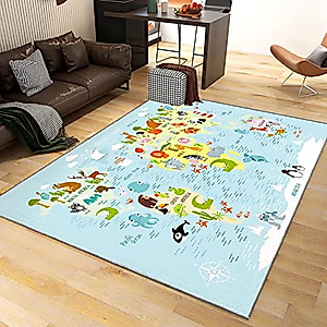 Kids Area Rug World Map Cute Animal Rugs Educational Floor Carpet for Boy Girl Machine Washable Area Rugs for Living Room, Bedroom, Playroom,8' x 10', Blue