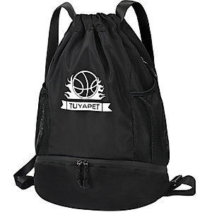 Tuyapet String Backpacks Drawstring Bag Waterproof Lightweight with Shoe Compartment Mesh Pockets Water Bottle Holder for Workout Gym Sports,Color Black