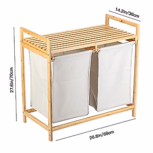 lesolar Bamboo Laundry Hamper and Shelf, 2 Sections Laundry Basket with Removable Liner and Sliding Handles, Dual Compartments Laundry Organizer and Storage for Bathroom Bedroom Living Room