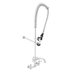 Commercial Kitchen Sink Pre-Rinse Faucet - DuraSteel 42" Height 8" Center No-Lead Wall Mount Industrial Faucet w/ Pull Down Pre-Rinse Sprayer & 12" Add-on Swing Spout - NSF Certified