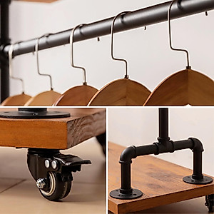 BIXIRAO Industrial Pipe Clothing Rack on Wheels, Rolling Iron Garment Racks with Wood Shelves, Commercial Heavy Duty Clothing Racks, Steampunk Clothes Rack Retail (Two Tiers)