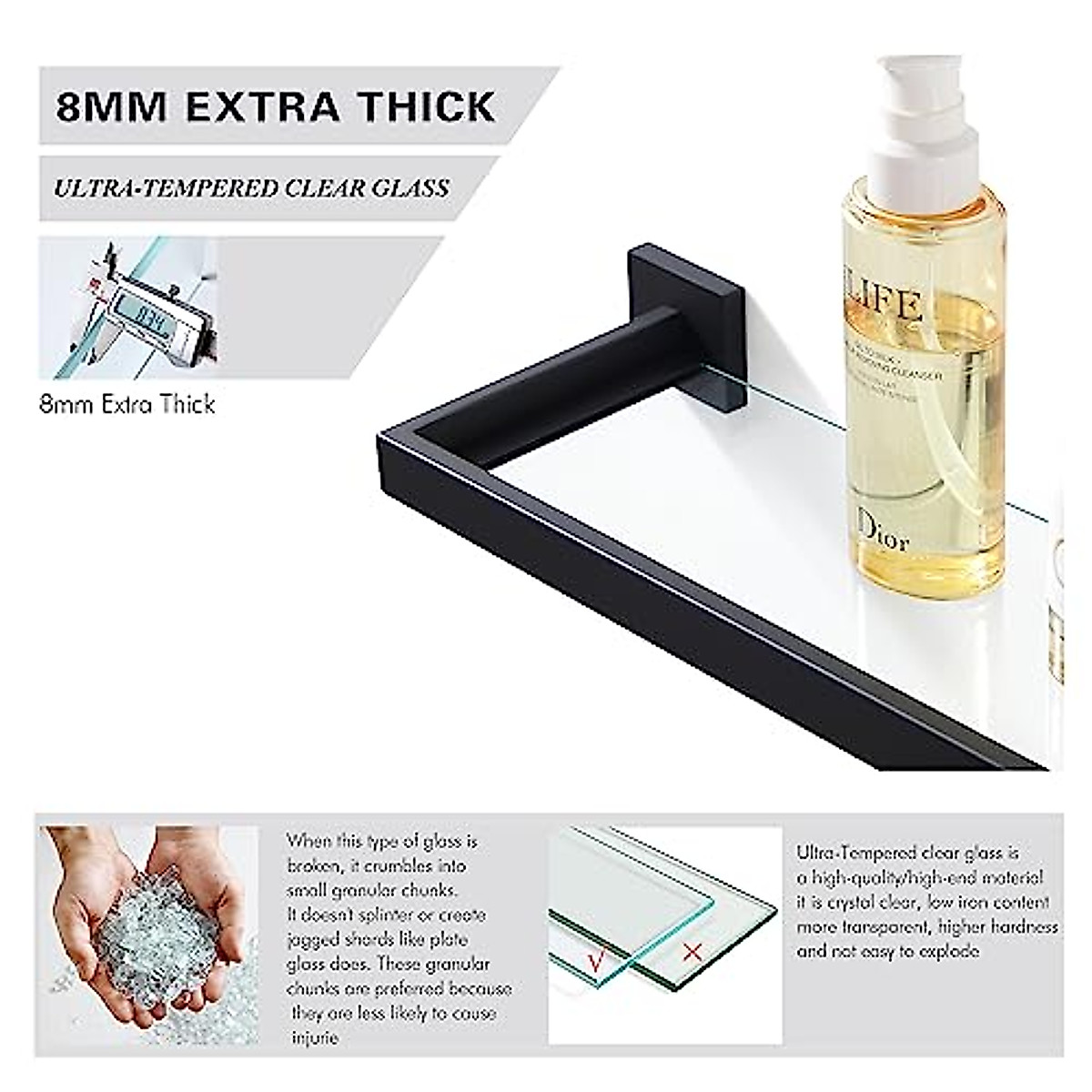 BUVELOT Bathroom Shelf,22.32 Inch Large Glass Shelf, 8mm Extra Thick Tempered Clear Glass Shelves Modern Rectangular,Matte Black,071090-MB