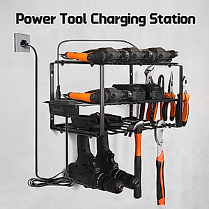 3-Tier Power Tool Organizer, Wall Mount Tool Holder with Charging Station, 4 Drill Holder Heavy Duty Metal Tool Shelf for Tool Storage Garage Workshop Tool Rooms