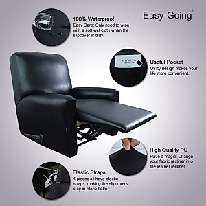 Easy-Going PU Leather Recliner slipcovers, Waterproof Stretch Sofa Covers, 4 Pieces Stretch Furniture Protector, Anti-Slip Elastic Strap Shield Pets Kids Children Cats Dogs (Recliner, Black)