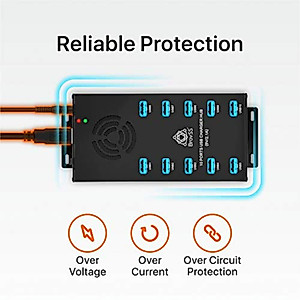 BrovSS: 10 Port USB 3.0 Hub - USB Hub Charger - Powered USB Hub - USB Charging Splitter - Multiple USB Port Hub - Charging Hub with 5V 10A 120W Power Adapter, Cooling Fan, Mounting Brackets (Black)