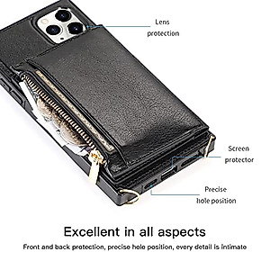 XINTIN iPhone 13 Pro Max Crossbody Case with Card Holder, Shockproof Protective iPhone case with Magnetic Flip Folio Wallet, PU Leather Zipper Coin Purse with Adjustable Lanyard Strap (Black)
