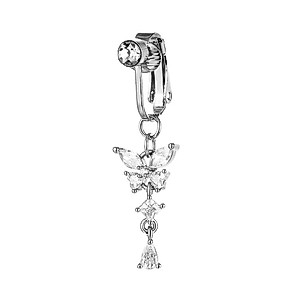 Dangle Belly Button Ring for Women,Butterfly Stainless Steel Belly Rings,Fake Belly Piercing Fake Belly Button Ring,Fake Belly Button Piercing Clip,Body Jewelry
