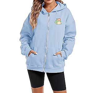KEEVICI Cute Frog Zip Up Hoodie For Teen Girls Hooded Zipper Sweatshirt Kawaii Animal Cotton Aesthetic Jacket With Pockets(Light Blue,M)