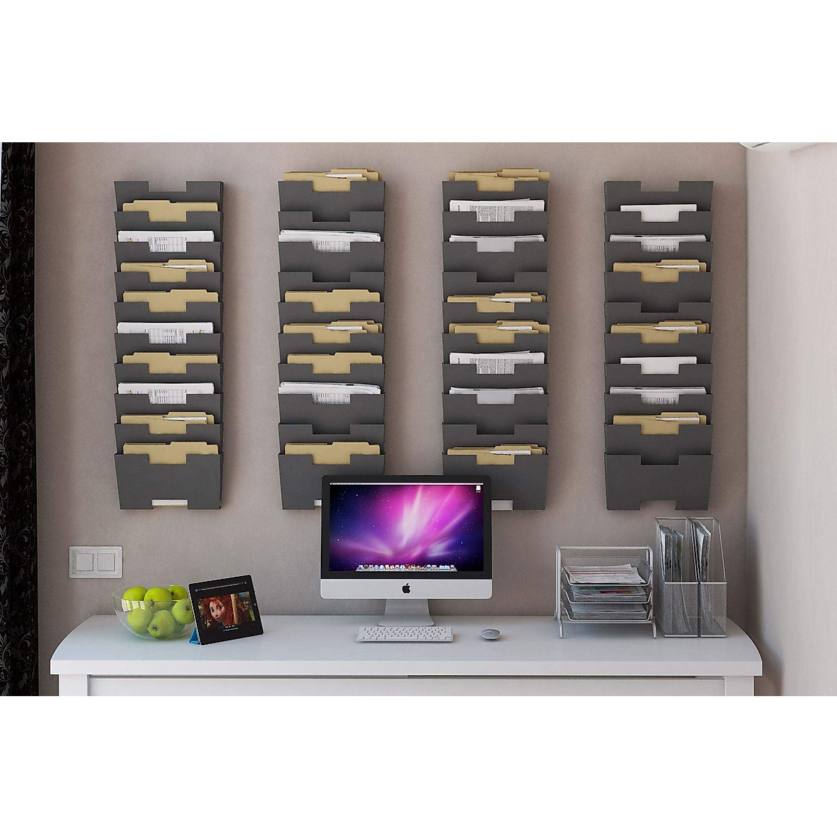 Gray Wall Mount Steel Vertical File Organizer Holder Rack 10 Sectional Modular Design Wider Than Letter Size 13 Inch Multi-Purpose Organize Display Magazines Sort Files and Folders