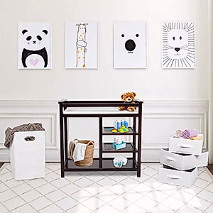Woodden Baby Changing Table - kinbor Diaper Changing Table Station Dresser for Newborn, Nursery Organizer with Pad, Laundry Hamper and 3 Storage Baskets, Brown
