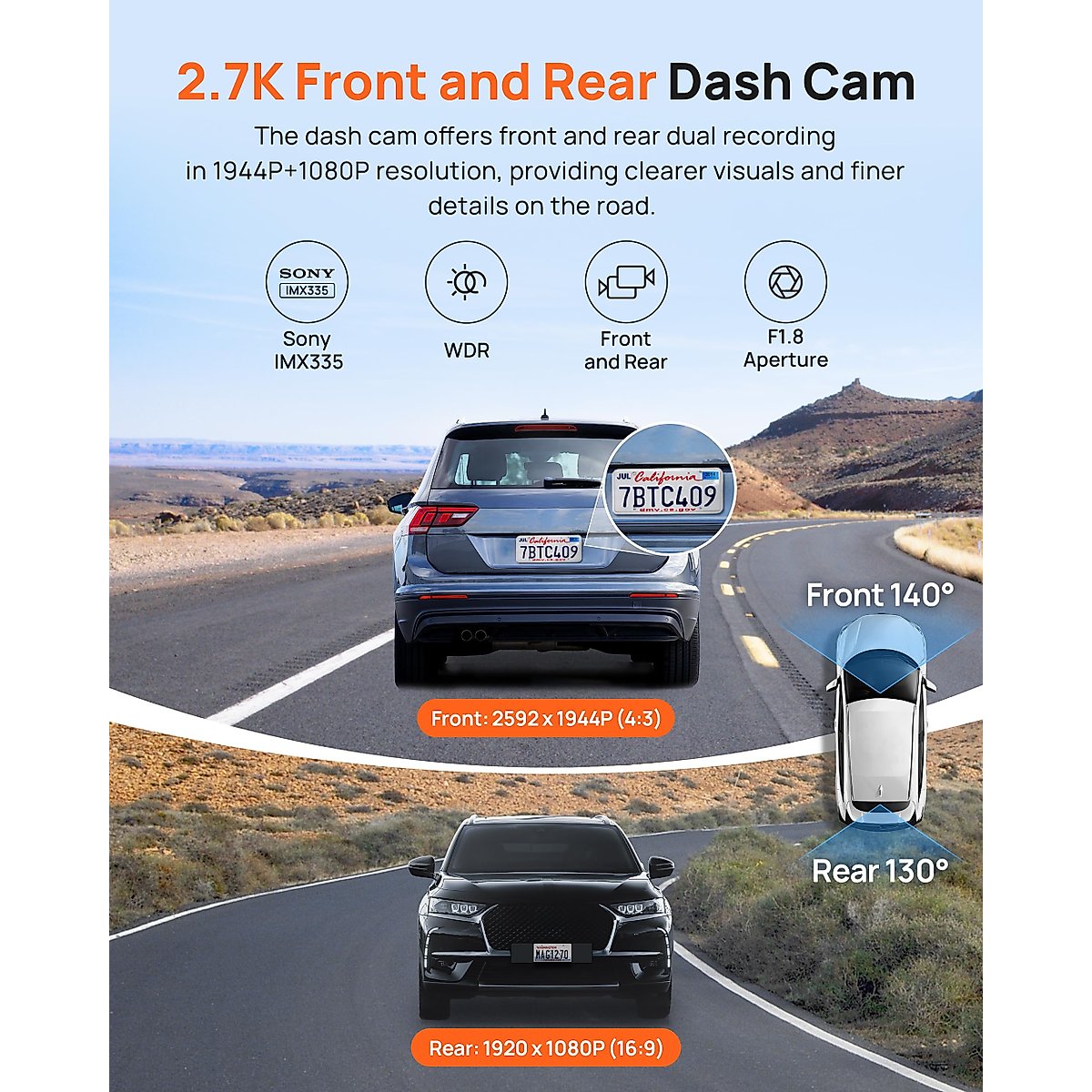 70mai 2.7K UHD Dash Cam Front and Rear A500S, Dual Dash Camera for Cars, Dashcam with APP, Sony IMX335, ADAS, Built-in WiFi GPS, 2'' IPS Screen, WDR, Night Vision, 24/7 Parking Mode, Loop Recording
