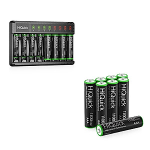 HiQuick 8 Bay Smart Battery Charger with 4AA and 4AAA Battery + 8 Pack AAA Rechargeable Batteries