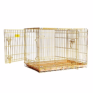 HOMEY PET Gold Dog Crate 36 Inch, Portable Folding Metal Wire Dog Kennel Pet Dog Cage with Removable Floor Grid, Pull Out Leak-Proof Pan, Double Doors, Handle for Medium Dogs, Indoor Outdoor Travel
