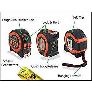 Greendale - 6 Pack of 25 ft Tape Measures / Measuring Tapes - Inches & Centimeters - Tough Outer Shell - Thumb and Quick Lock - Autowind - Belt Clip