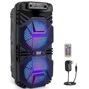 Pyle Bluetooth PA Speaker System - 600W Rechargeable Outdoor Bluetooth Speaker Portable PA System w/ Dual 8” Subwoofer 1” Tweeter, Microphone In, Party Lights, USB, Radio, Remote - Pyle PPHP2836B