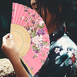 RAZZUM Hand Fan Foldable 2 Pcs Floral Folding Hand Fan Chinese Vintage Retro Silk Handheld Fans with Frames for Wedding Dancing Church Party Gifts Pink Japanese Fan Fan