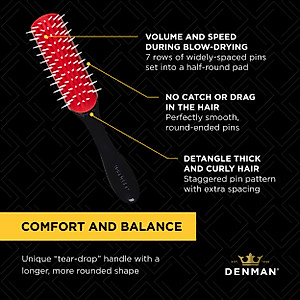 Denman Free Flow Wide Spaced Pins 7 Row Hair Styling Brush - 3-in-1 Styling Tool for Creating Volume, Detangling Thick Hair and Defining Curls, D31