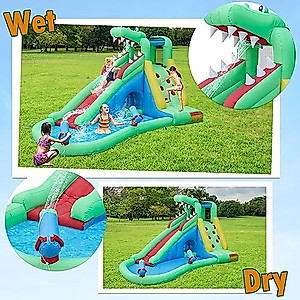 Inflatable Water Slides for Kids - Kinsuite Inflatable Bounce House Water Slide w/Jumping Area Climbing Wall Water Cannon Splash Pool Tunnel Indoor Outdoor Play (with 680W Air Blower)