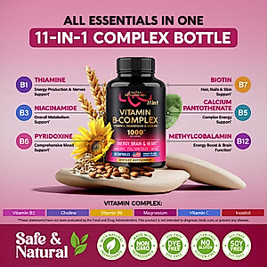 Vitamin B Complex for Men & Women - Made in USA - 11-in-1 B-Complex: B1, B2, B3, B5, B6, B7, B8, B9, B12 with Vitamin C, Choline, Inositol - Energy, Brain & Heart Support Supplement, 60 Vegan Capsules