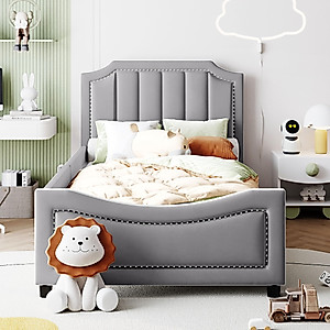 YOPTO Twin Size Upholstered Daybed with Classic Stripe Shaped Headboard, Durable Wooden Platform Bed Frame,No Box Spring Needed, for Kids Teens Adults,Bedroom Guestroom Dorm, Gray