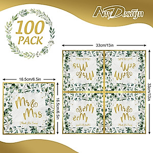 AnyDesign 100 Pack Wedding Napkins 6.5 Inch Greenery Foil Gold Mr & Mrs Luncheon Napkins Eucalyptus Leaves Disposable Decorative Dinner Paper Napkins for Bridal Shower Engagement Wedding Party
