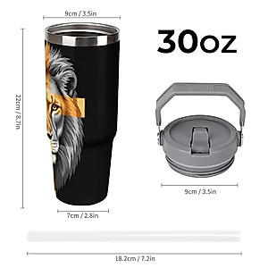 Lion Head with Cross 30 OZ Insulated Tumblers with Handle And Straw Leakproof Vacuum Insulated Stainless Steel Water Bottle for Car Fishing Travel