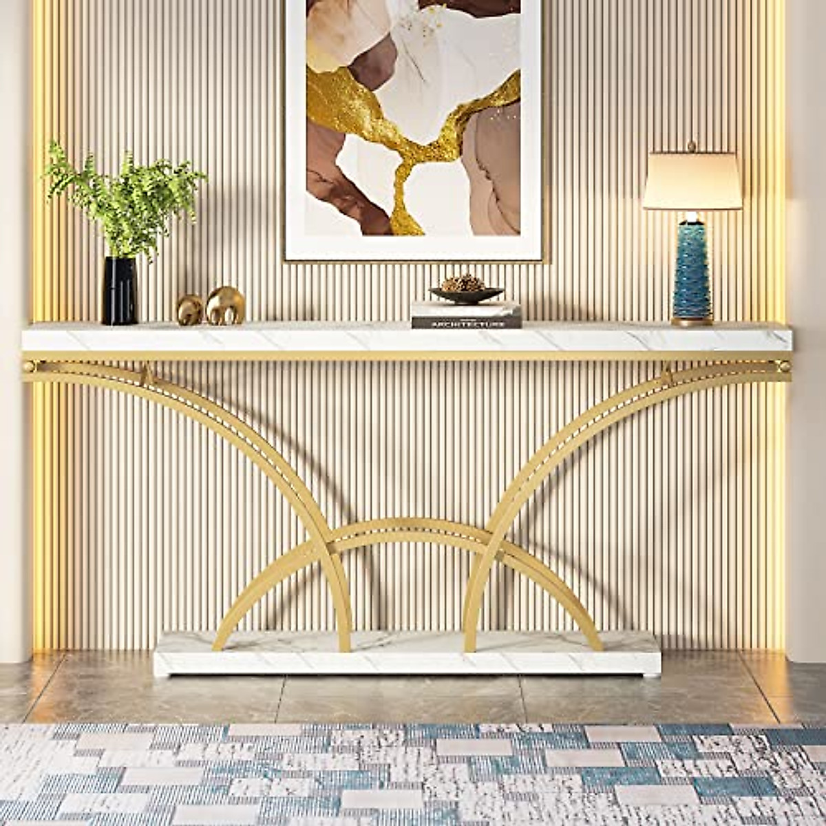 LITTLE TREE Faux Marble Console Sofa Table with Gold Half-Moon Legs,Mid-Century Modern Accent Tables for Entryway, Living Room