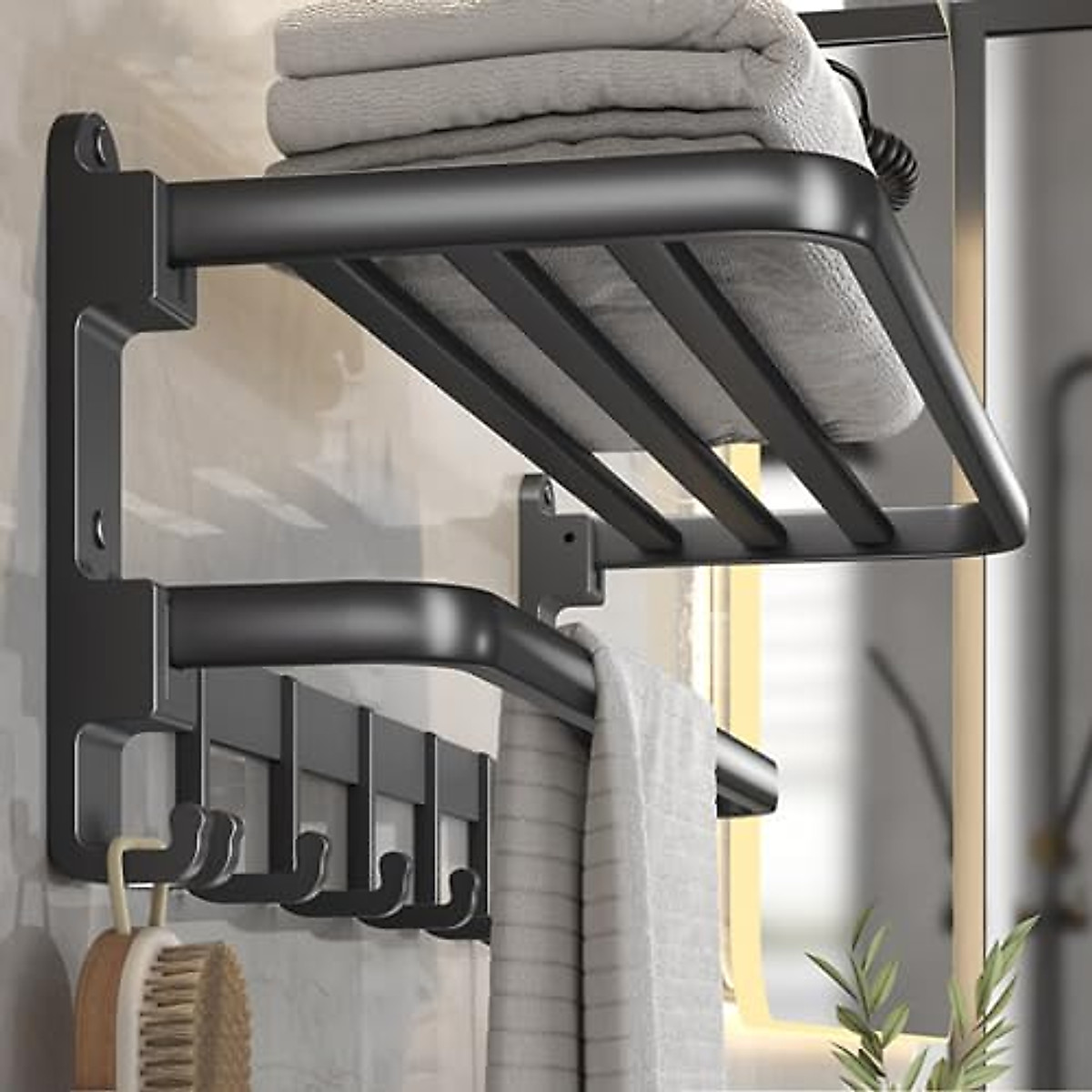 Noffeelink 24 Inch Towel Rack, Shower Towel Rack with Shelf, Towel Shelf for Bathroom, Bathroom Towel Rack with Hooks, Wall Mount Towel Rack No Drill and Screw Mounting (Black)