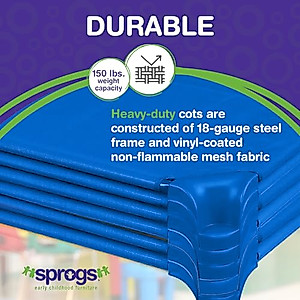 Sprogs Heavy-Duty Stackable Standard Size 52"L Daycare Cots for Kids and Toddlers, Stacking Preschool Classroom Kids Cots for Sleeping, Resting, Naptime, Pack of 6, Blue