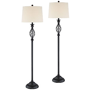 Franklin Iron Works Annie Traditional 63" Tall Standing Floor Lamps Set of 2 Lights Iron Scroll Brown Bronze Finish Living Room Bedroom House Reading Office Home Decor Entryway Cream Drum Shade