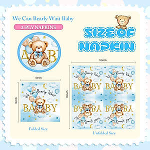 100 Pcs We Can Bearly Wait Baby Shower Napkins, Baby Shower Decorations for Boy, Bear Favors Napkins Cocktail Dessert Disposable Napkin Paper for Boy or Girl Gender Reveal Party Supplies (Blue Gold)