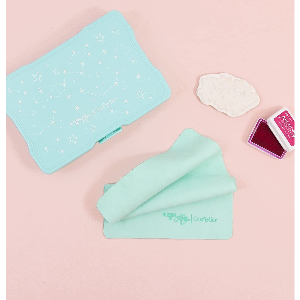 Craftelier - Shammy Stamp Cleaner and Organiser Box to Keep Your Stamps in Perfect Condition | Size Shammy 20 x 14,5 cm and Box 17 x 12 x 3 x 3 cm - Colour Mint with Constellations