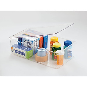 mDesign Plastic Bathroom Storage Organizer Box w/Hinge Lid for Closet Shelves, Cupboards, Holds Medicine, First Aid, Lotion, Cotton Swabs, Masks, and Styling Tools, Ligne Collection, 4 Pack, Clear