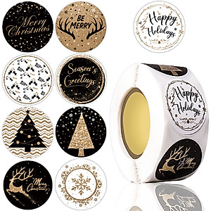 500PCS Merry Christmas Stickers Labels 9 Black & Gold Faux Glitter Designs Christmas Gift Tags for Christmas Winter Holiday Party Decoration