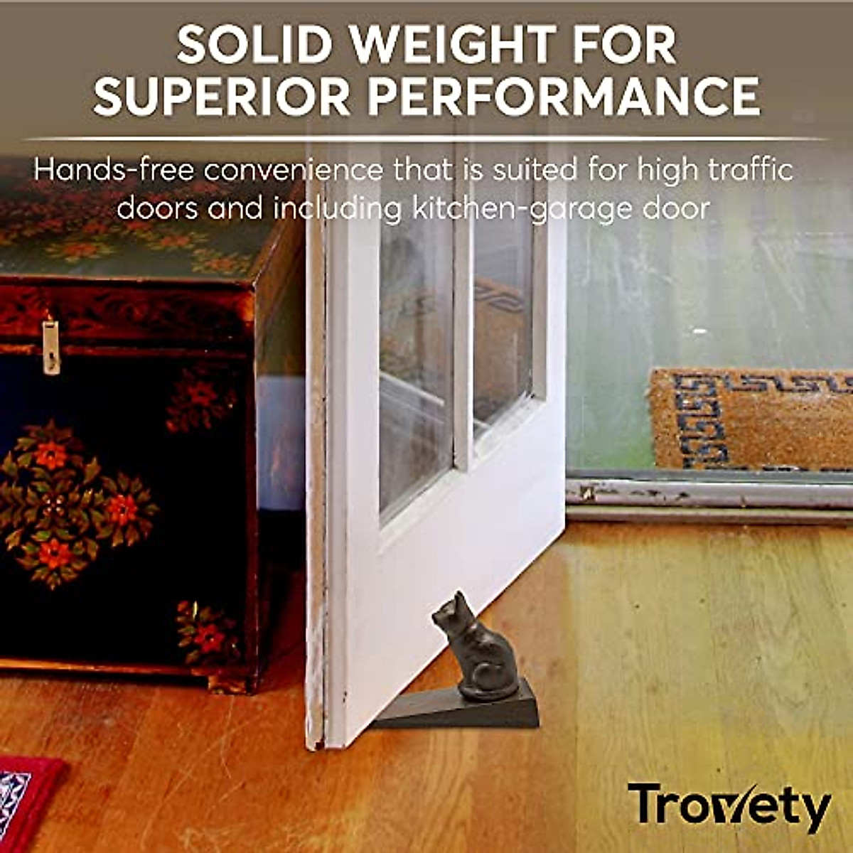 Trovety Linda Cat Door Stopper - Cast Iron Door Stopper with Cat Figurine - Prevent Loud Door Bangs - Keep Doors Open - Decorative Rustic Door Stopper (Sitting Cat)