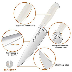 Knife Set,18 Piece Kitchen Knife Set with Block Wooden and Sharpener, Professional High Carbon German Stainless Steel Chef Knife Set, Ultra Sharp Full Tang Forged White Knives Set