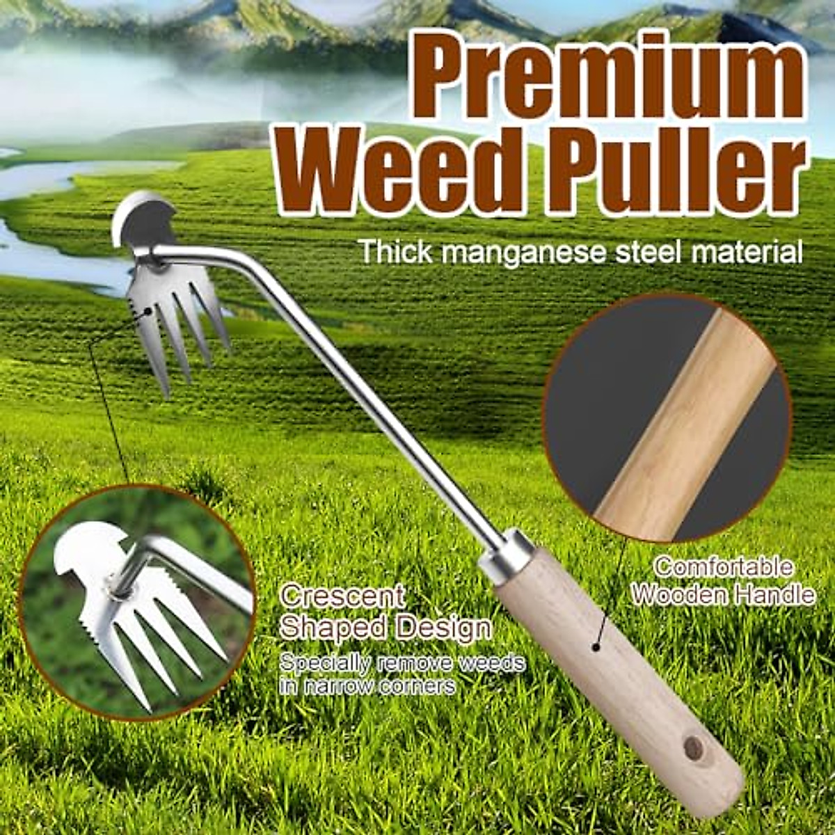 Dizzily Weeder - Manual Weed Puller Tool, Uprooting Weeding Remover Tool, 4-Claw Steel Head Hand Garden Weeder Tool Easily Remove Weeds for Otted Plants, Gardens, Yards, Farms