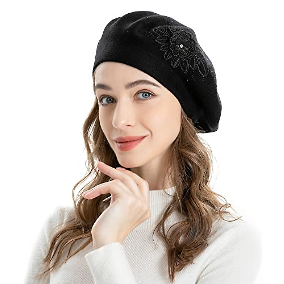 ZLYC Womens French Beret hat, Reversible Solid Color Cashmere Mosaic Warm Beret Cap for Girls (Flower Black)