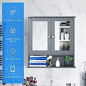 Giantex Bathroom Wall Cabinet with 2 Mirror Doors and Adjustable Shelf, Hanging Wooden Medicine Cabinet Storage Organizer, Bathroom Mirror Cabinet Wall Mounted (Grey)