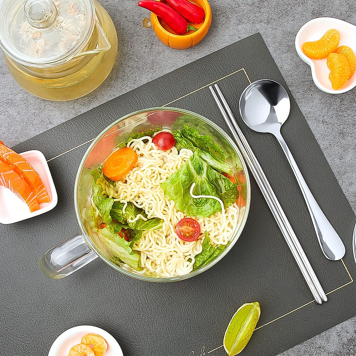44 FL OZ/ 1.4 L Glass Soup Bowl with Lid and Handle, Chopsticks Spoons and Forks Set Silverware, Glass Pots for Cooking on Stove Simmer Pot Clear Ramen Bowl for Noodle Cereals Fruits, Microwave Safe