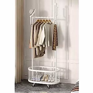 REROM 360° Wheels Free-Standing Coat Rack,with 4 Hooks Clothes Rack Garment Rail Storage Basket for Bedroom Living Room Garment Rack (Color : White, Size : 80cm)