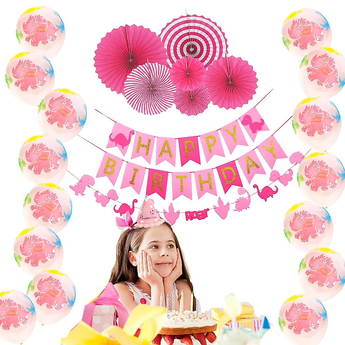 Dinosaur Party Decorations for Baby Girls-1 Happy Birthday Banner, 1 Dino-mite Garland,6 Pink Paper Fans, 12 Dino Balloons-Birthday Supplies and Favors for Kid's Christmas Thanksgiving 1st 2nd 3rd