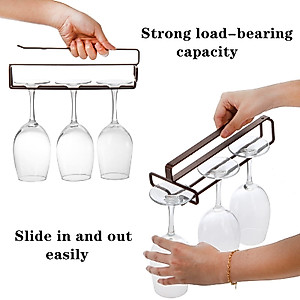 Lyellfe Set of 4 Wine Glass Rack, Under Cabinet Stemware Rack, Carbon Steel Wine Glass Holder Hanger for Shelf, Cabinet, Bar, No Drilling, Brown