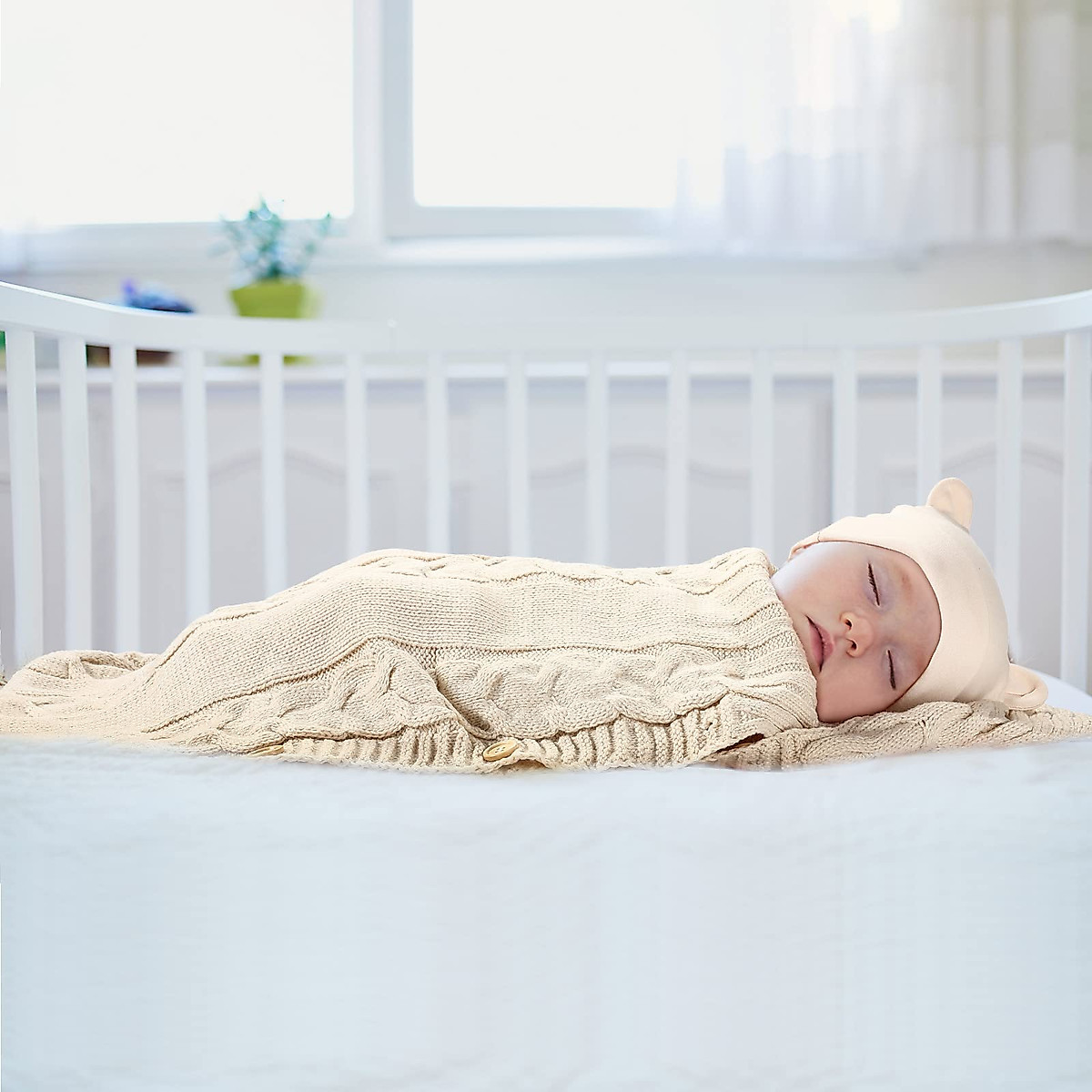 Newborn Baby Wrap Blanket Knit Sleeping Bag Receiving Blankets Stroller Wrap Newborn Baby Hat Bear Ears Infant Caps and Baby Mittens Gloves Gift for Christmas for 9-12 Months Boys Girls(Light Gray)