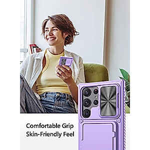 Vihibii Wallet Phone Case for Samsung Galaxy S23 Ultra 5G with Slide Camera Protection Cover, Built-in Card Holder (4 Cards) & Kickstand, Shockproof Rugged 6.8" 2023, Purple