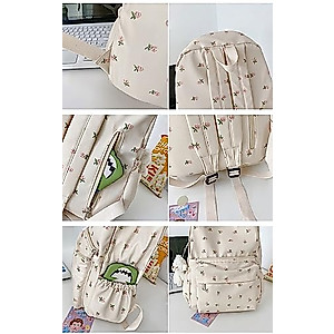 JHTPSLR Cottagecore Aesthetic Backpack with Plushies Pink Floral Preppy Backpack Flowers Backpack Cute Kawaii Backpack Book Bags (Beige)