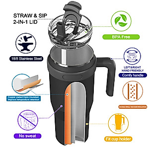 Zukro 50 oz Mug Tumbler With Handle And Flip Straw, Leakproof Vacuum Insulated Stainless Steel Cup Water Bottle with 2-in-1 Lid,Large Travel Mug, Fit in Cup Holder, Keeps Cold for 30 Hours, Black