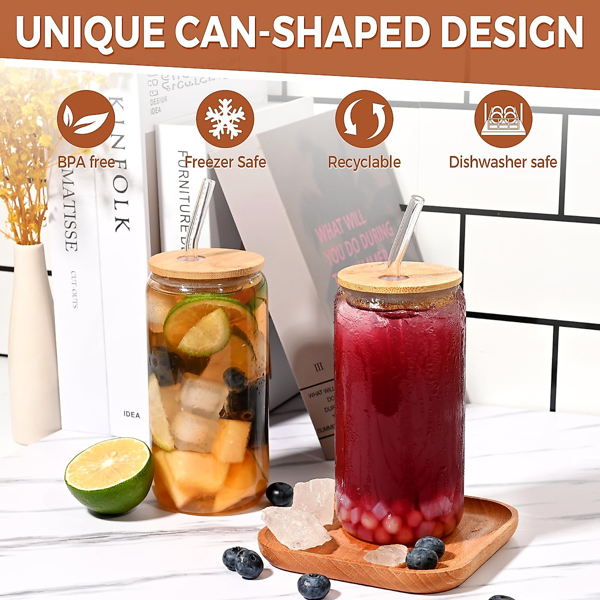 HONFAA 4 Pack Glass Cups with Lids and Straws, 16oz Beer Can Shaped Drinking Glasses, Iced Coffee Glass Tumbler,Cute Cups for Whiskey, Soda, Tea, Water