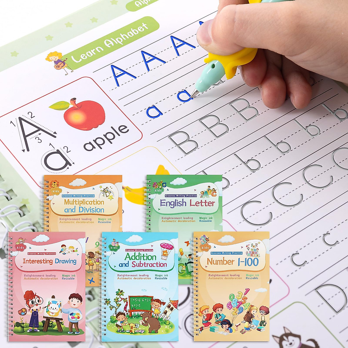 ASIGN Magic Ink Copybooks for Kids Reusable Handwriting Workbooks for Preschools Grooves Template Design and Handwriting Aid (ENLARGED-Version 4books+Pens)