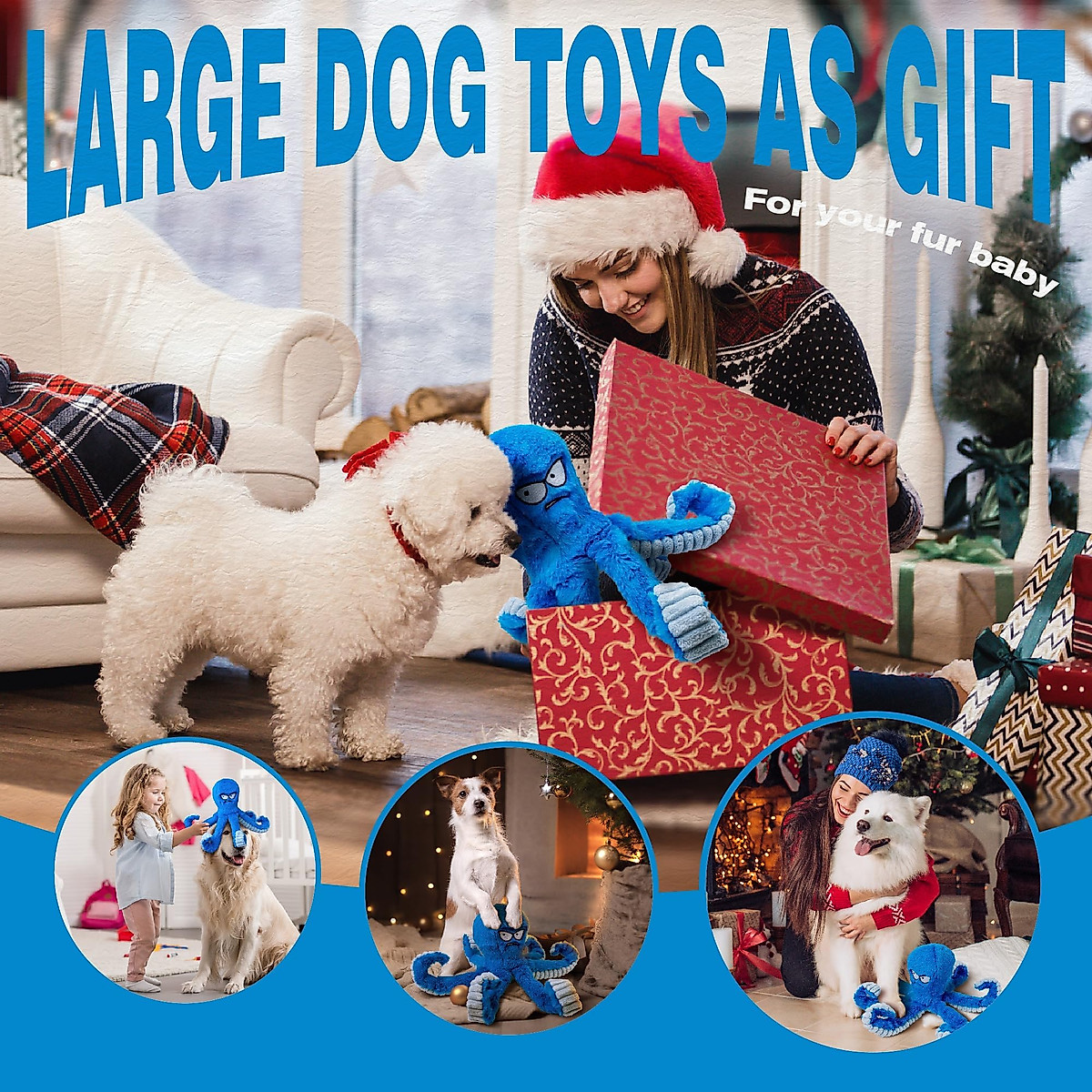 LEGEND SANDY Dog Toys for Aggressive Chewers, Large Dog Toys to Keep Them Busy, Interactive Dog Toys, Squeaky Dog Toys, Tug of War Dog Toy, Crinkle Dog Toy (Blue Octopus)